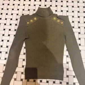 Balmain | Sweaters | Balmain Olive Green Ribbed Turtleneck Gold Button ...